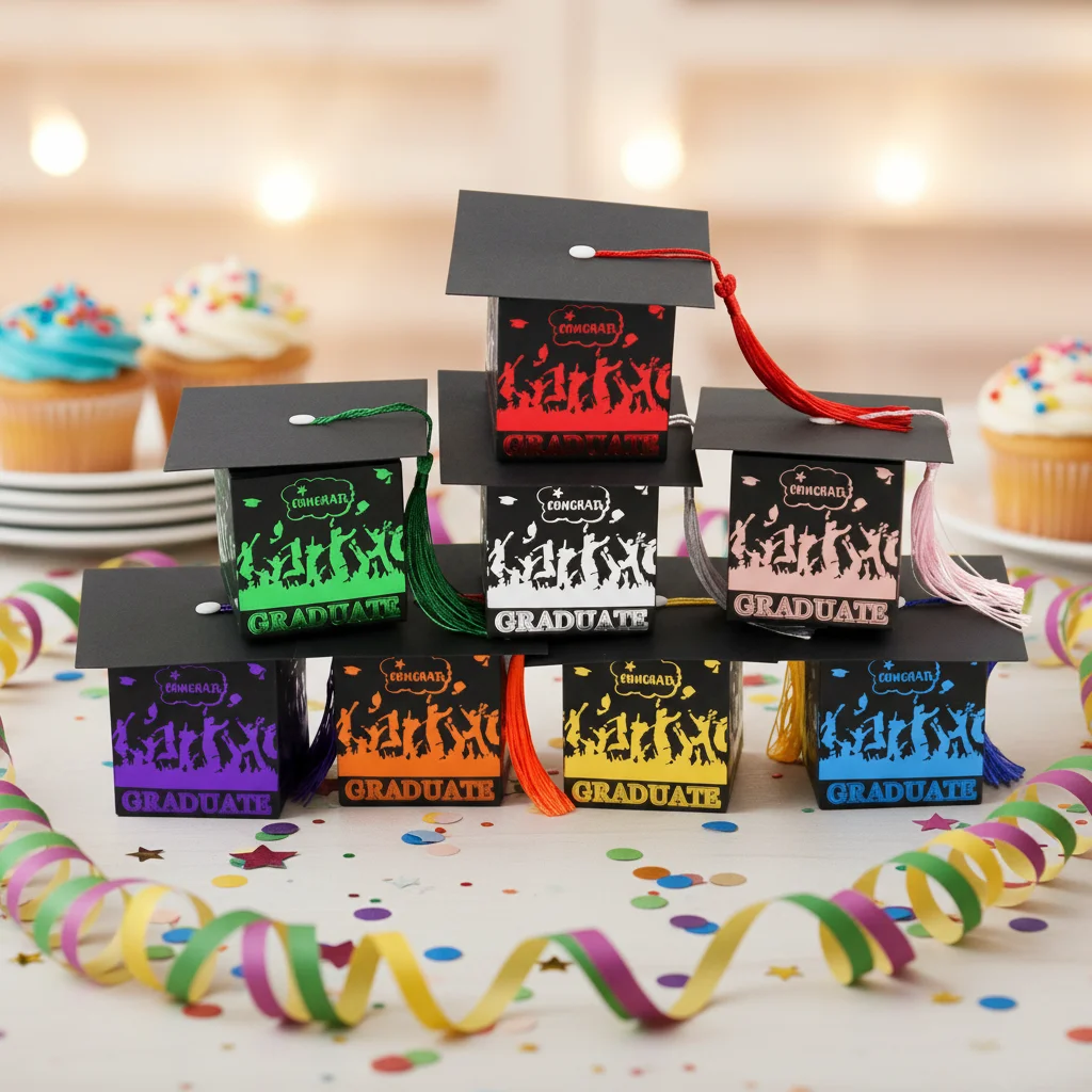 Graduation Cap Design Candy Treat Paper Boxes with Tassel Small Gift ...