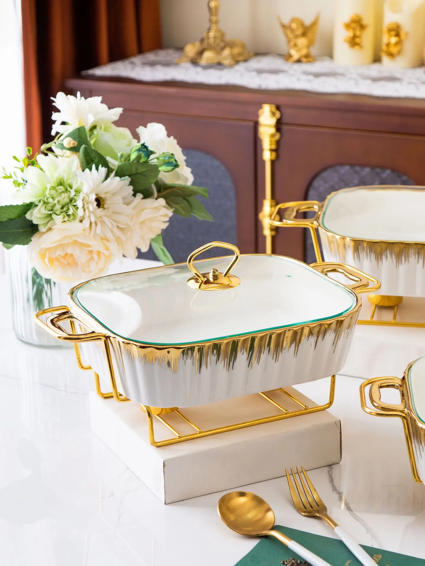 Modern Rectangular Golden Ceramic Induction Cooking Pot Set Creative ...
