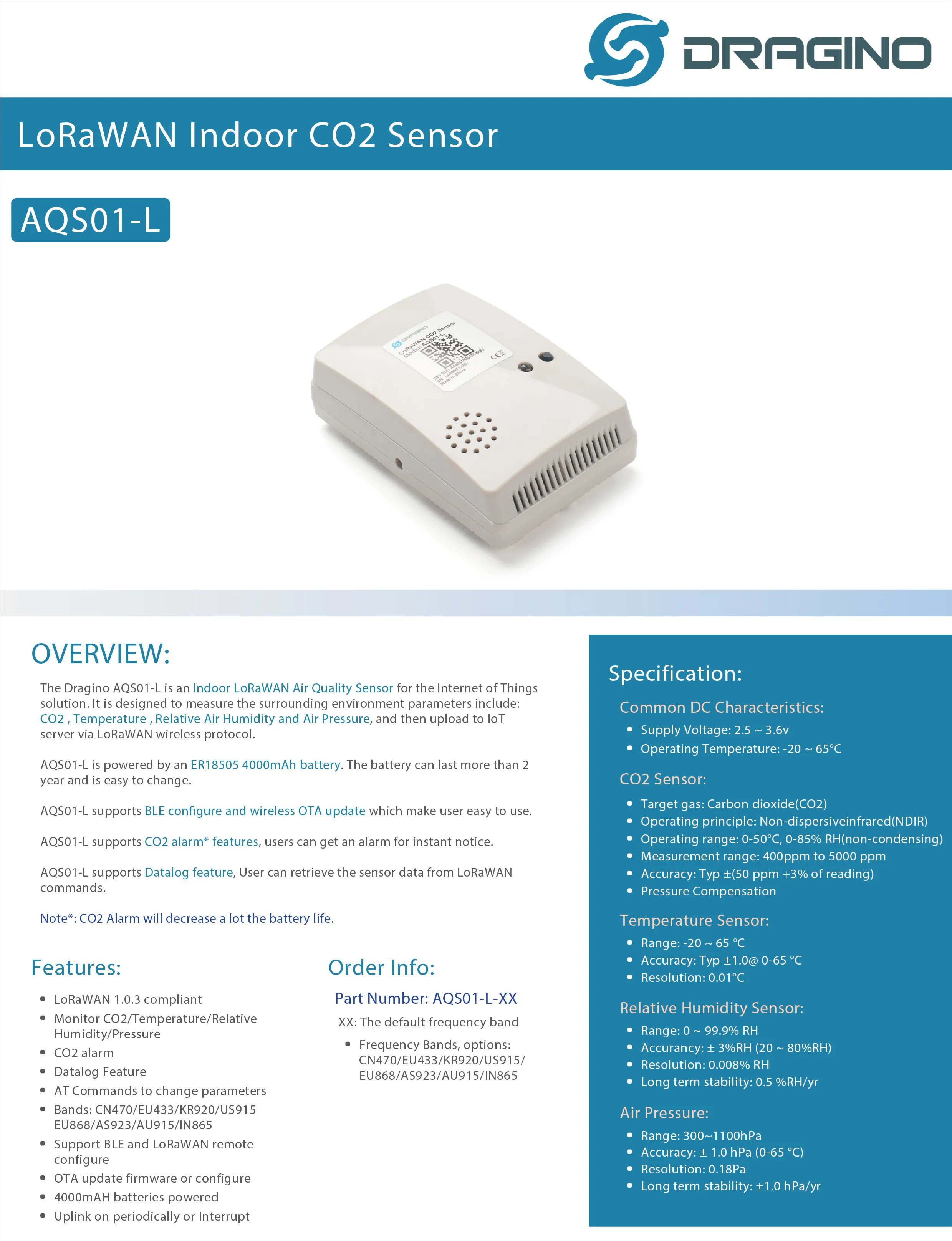 Dragino AQS01-L LoRaWAN CO2 Sensor with BLE Wireless OTA Update ...