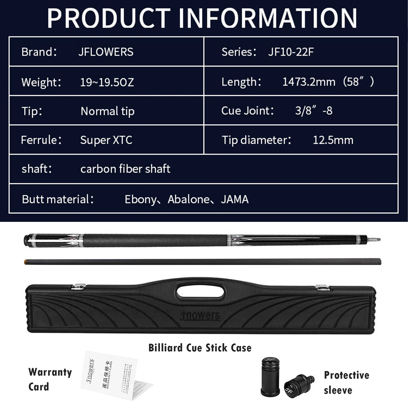 JF10-22 JFLOWERS Pool Cue - Carbon Fiber Shaft & Tiger Tooth