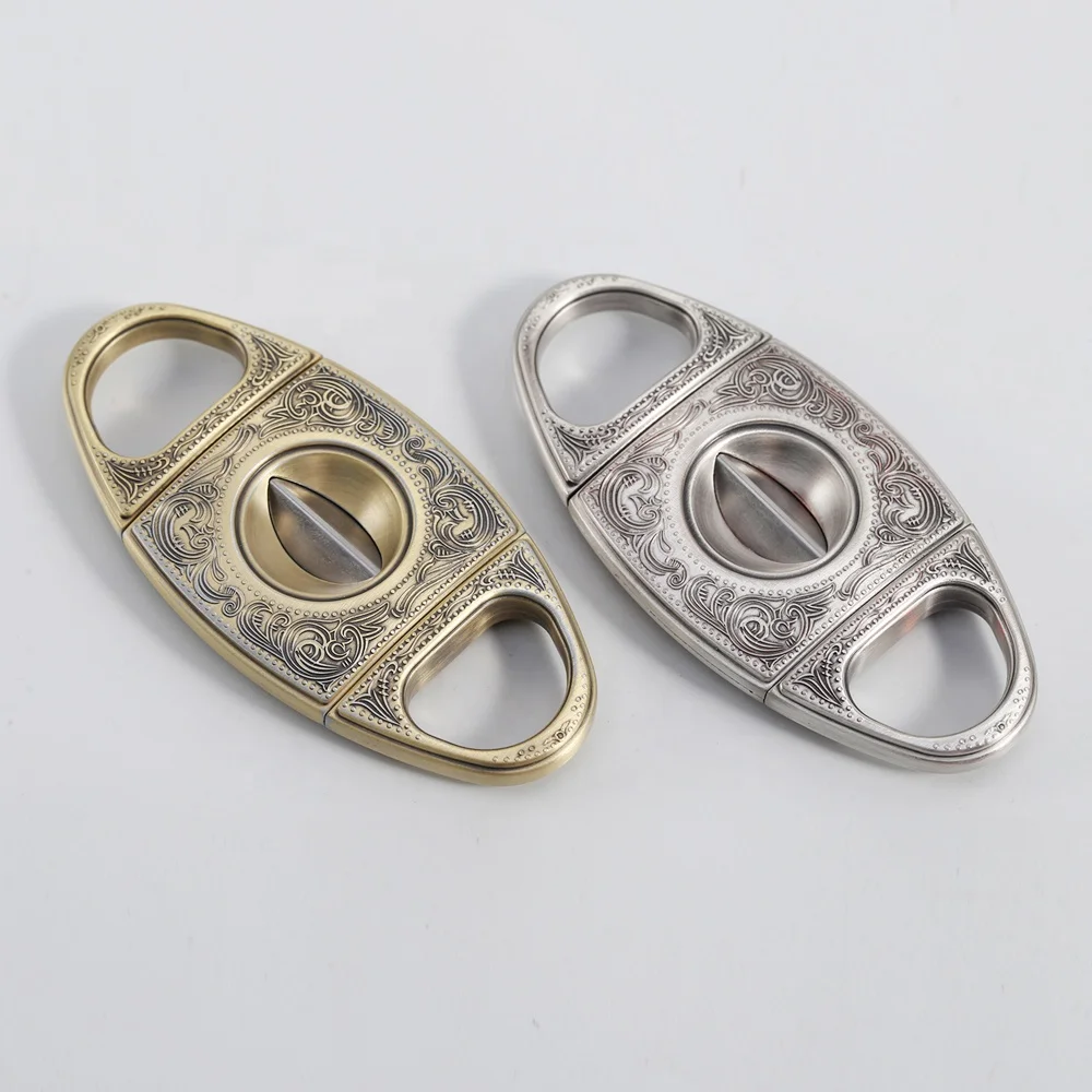 JIFENG JF-J67 Retro Style Metal Embossing Travel V-Cut Cigar Cutter Sharp Blade 57 Ring Gauge ...