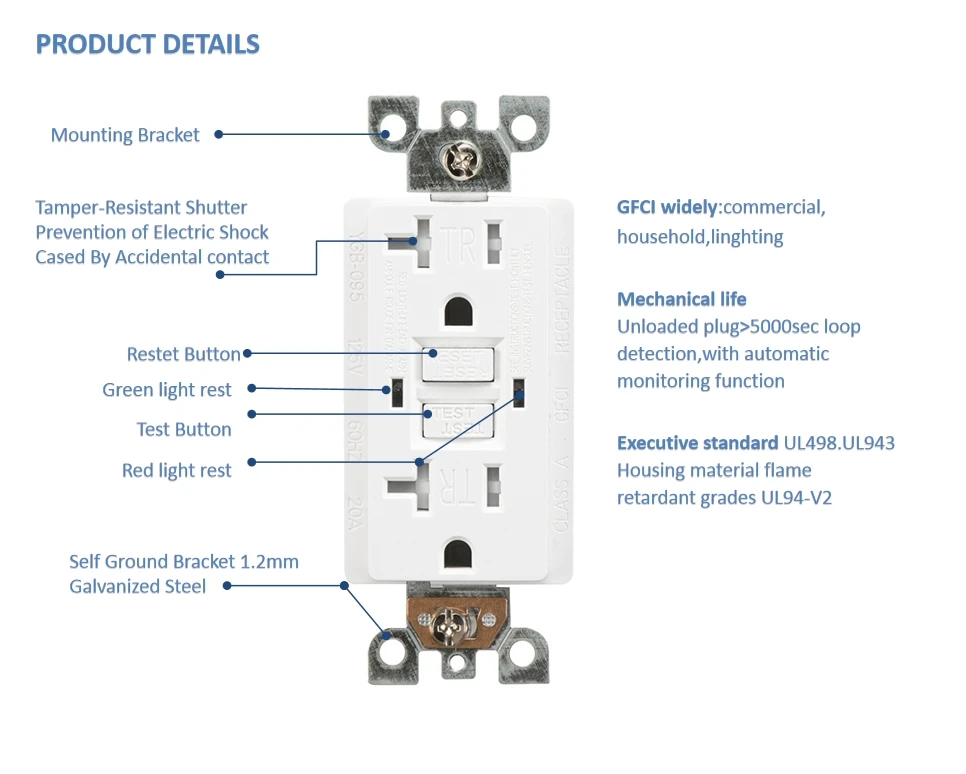 20 Amp Gfci Socket Electrical Ul Listed Usa Standard Electrical Outlet ...
