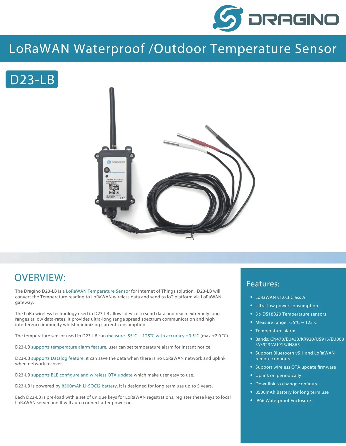 Dragino D23-LB LoRaWAN Outdoor Temperature Sensor Accurate ±0.5°C (Max ±2.0°C) Measurement for ...