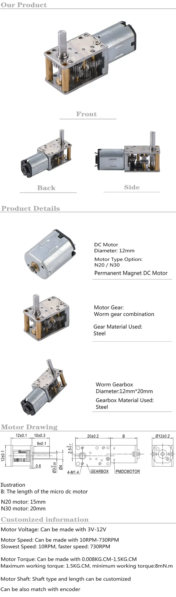 N20 N30 1.5v 3v 6v 12v Micro DC Motor with Encoder Gearbox