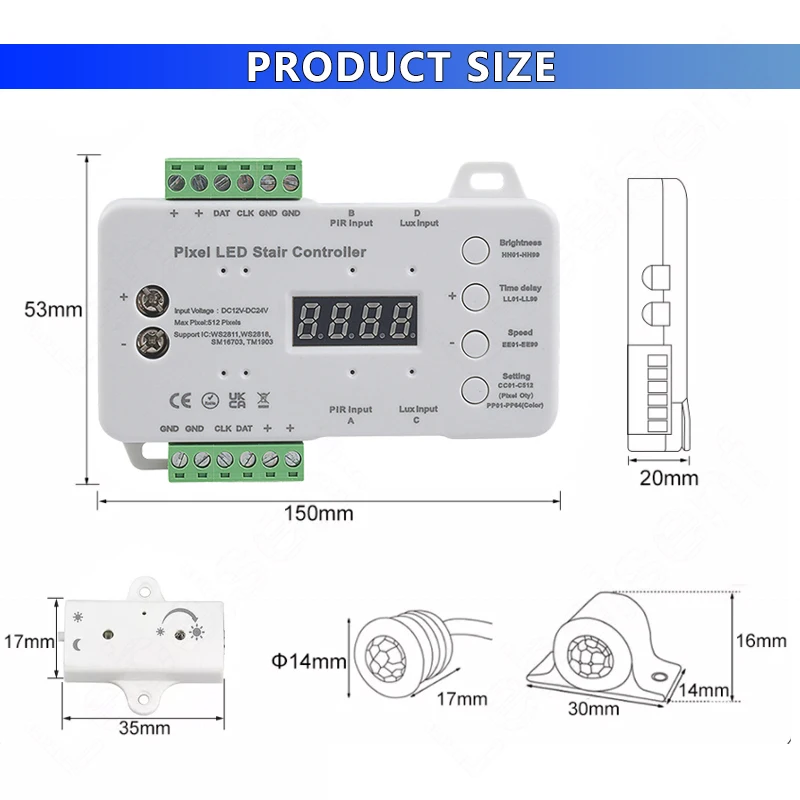 512 Pixel LED Stair Light Controller DC 12V 24V Dimmer & PIR Motion ...