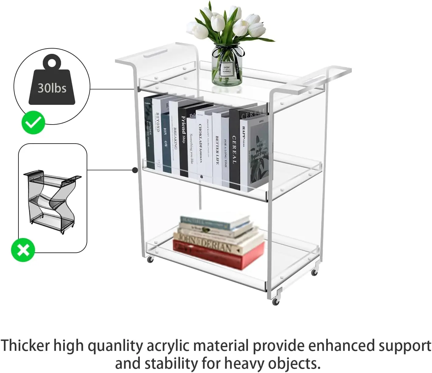 Acrylic Bar Cart,3-tier Rolling Bar Cart With Wheels,Home Bar & Serving ...