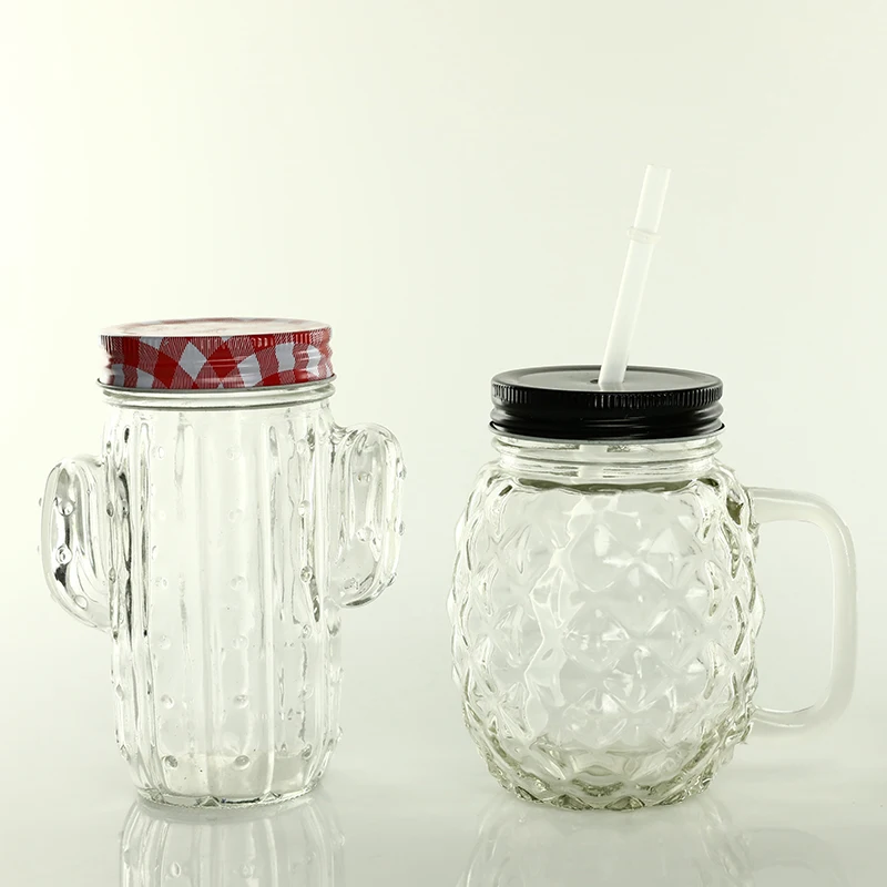 Pineapple Shaped Glass Mason Jar Handle Cup 500ml Drinking Glass Bottle ...