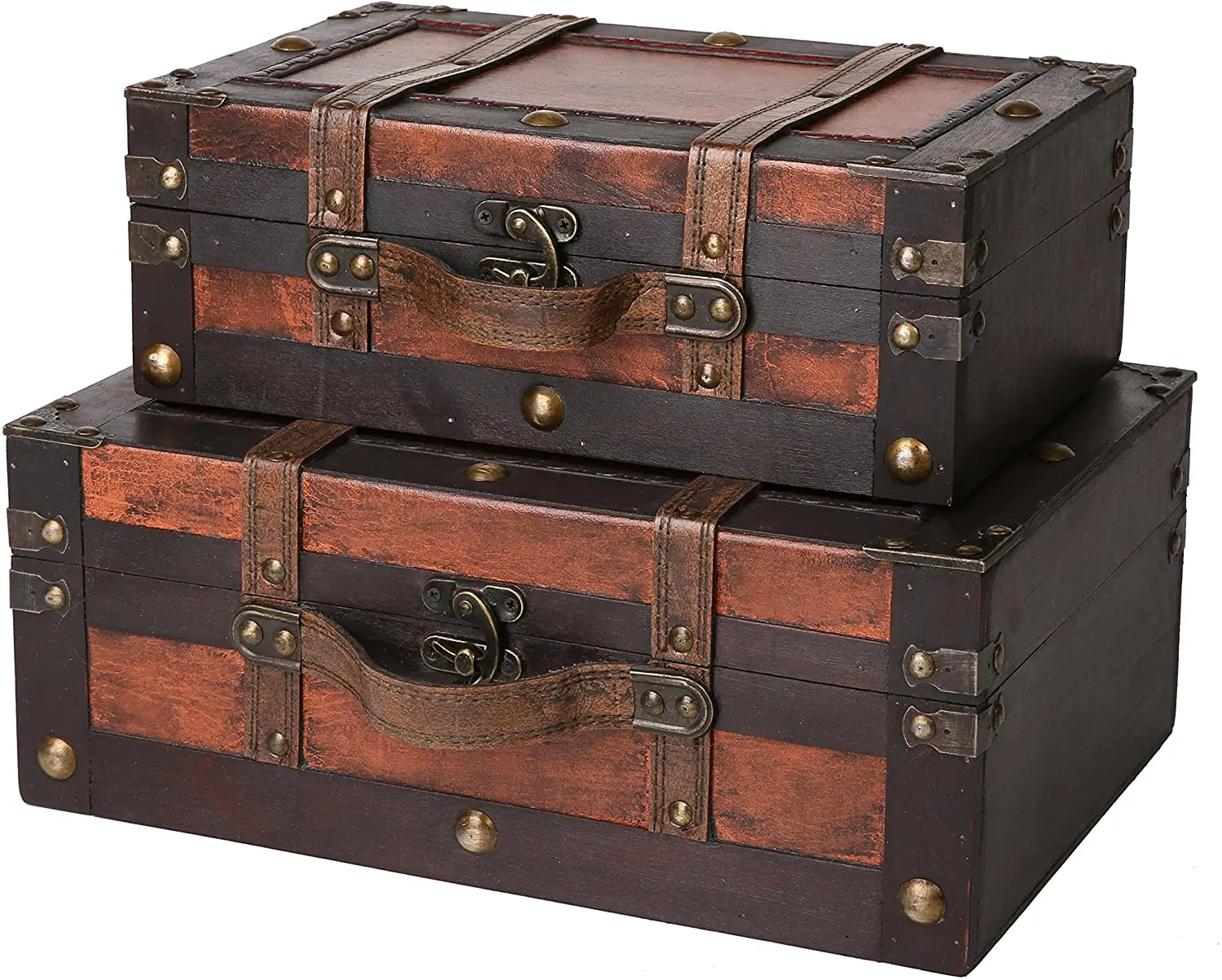 Vintage Luggage Trunks Set/2 Antique Wooden Suitcase Box
