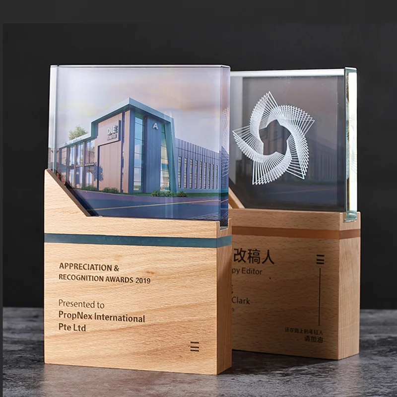 Unique Crystal Awards - Elegant Trophies with Wooden Bases