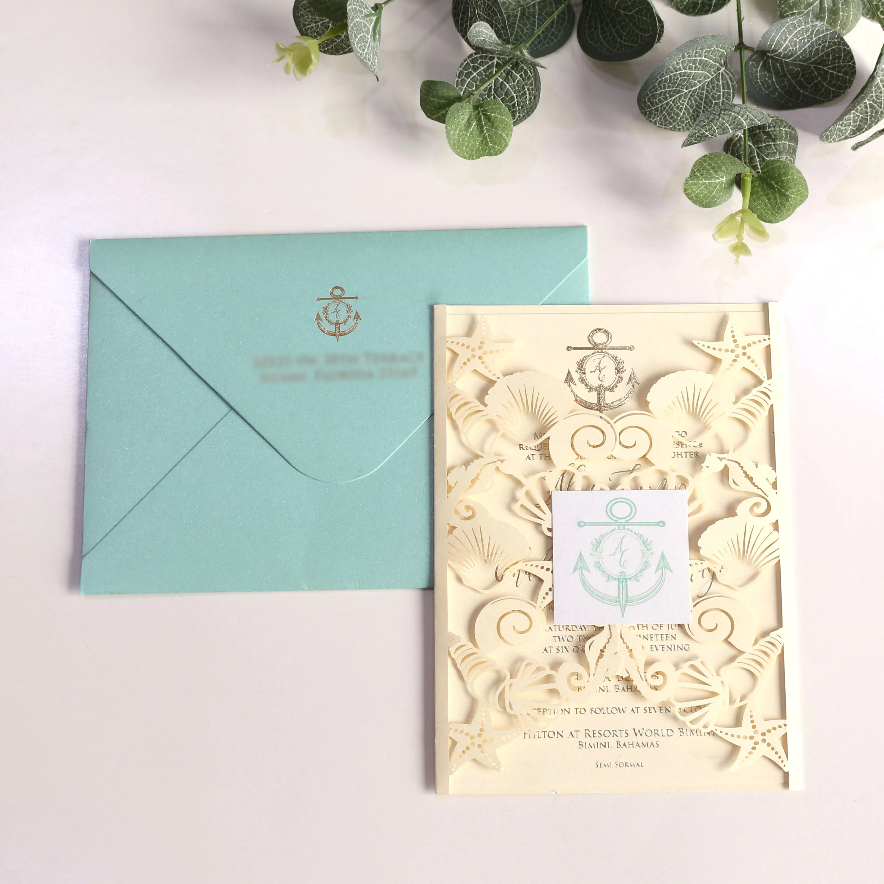 Light Blue Customized Printable Laser Cut Seahorse Shell Wedding ...