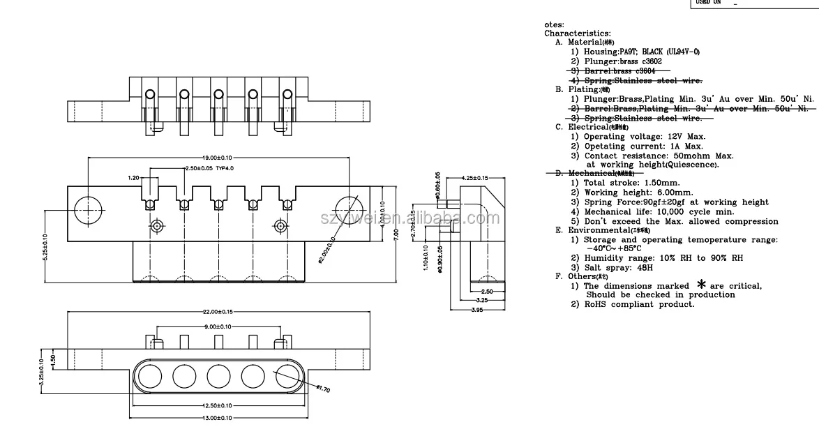 Pogo Pin 5 Pin Spring Loaded Connector - 2.54 Mm Pitch