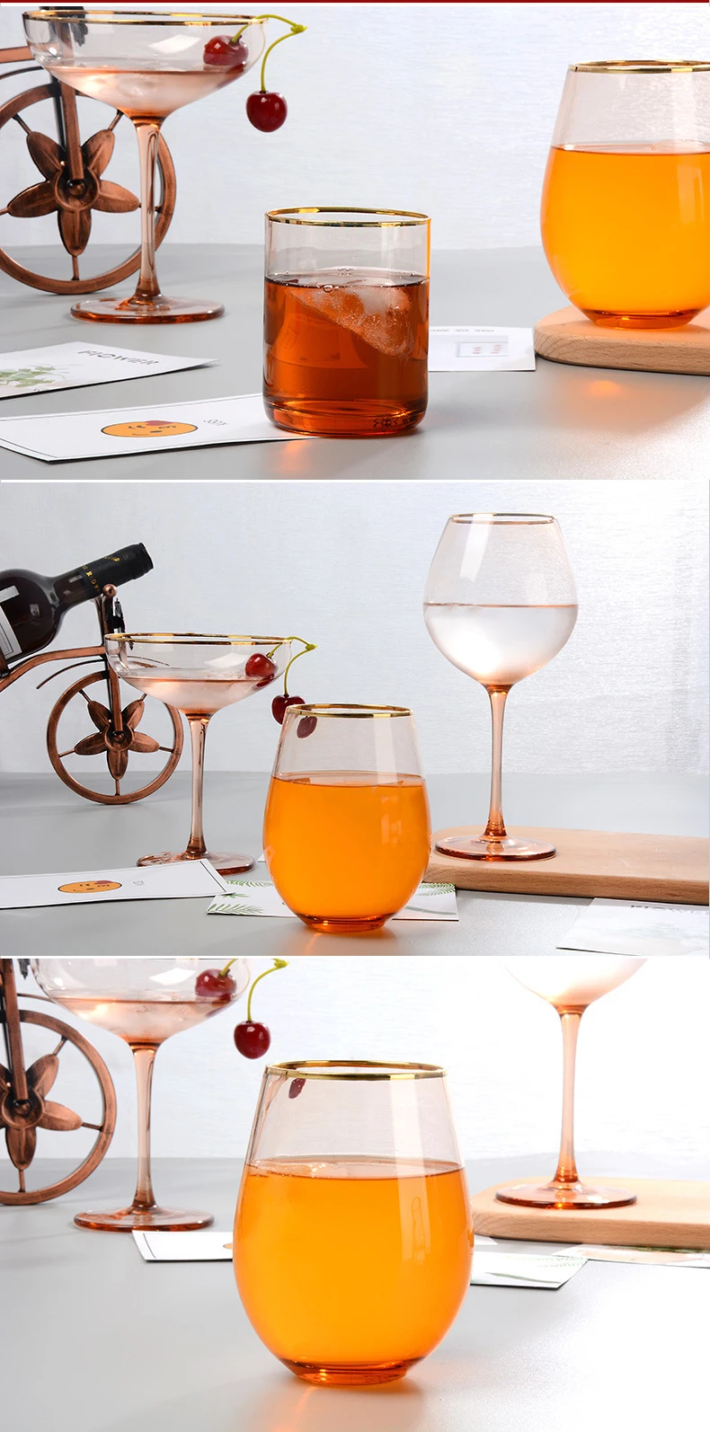 Handmade Crystal Gold Rim Colored Champagne Goblet Pink Wine Glasses ...