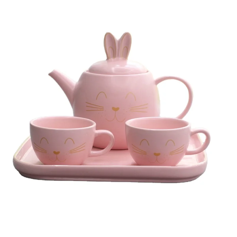 Hot Selling Color Glazed Cute Rabbit Tea Pot Set With Tea Cup And ...