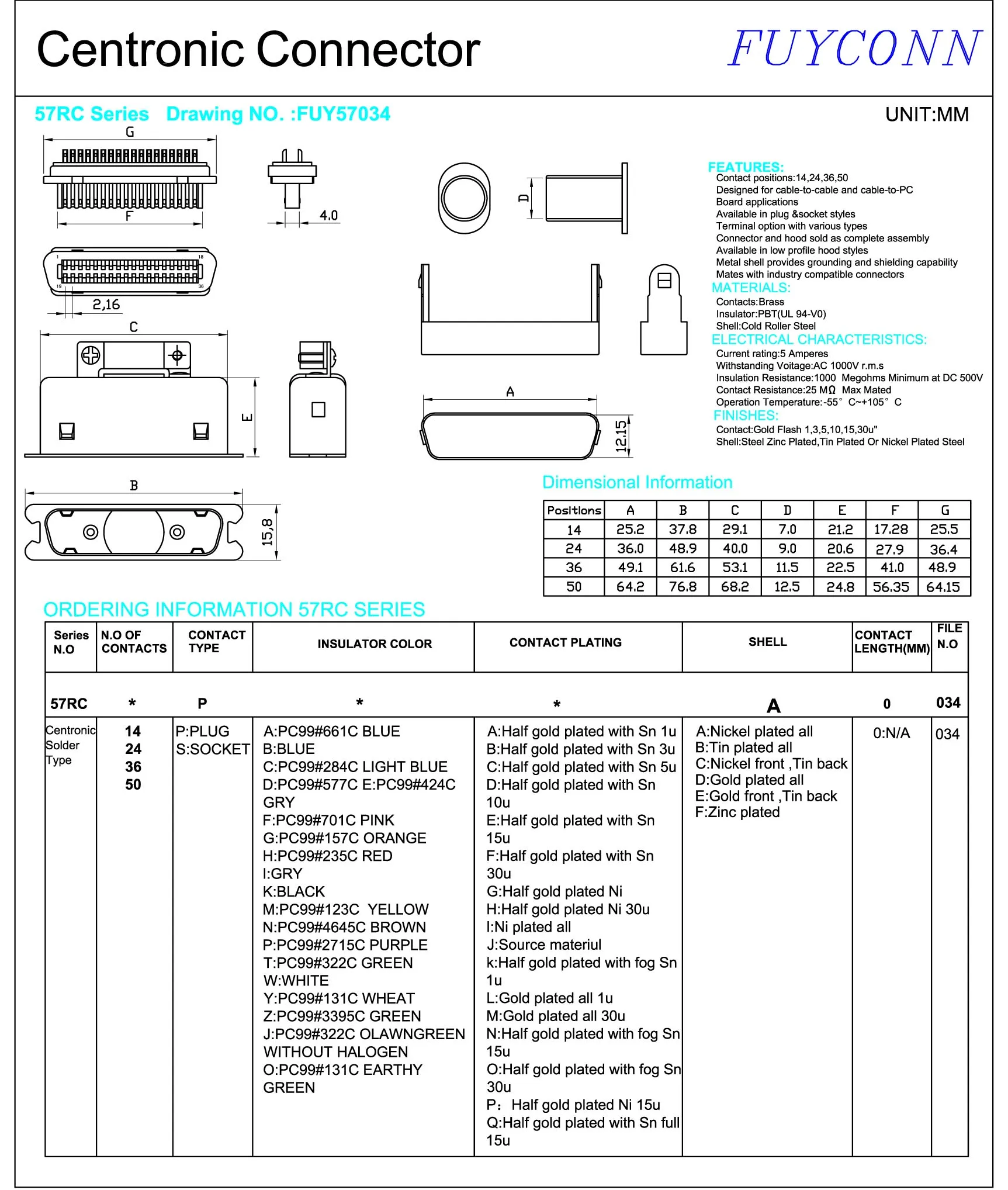 57-30140 Male Centronics Connector - 14pin Solder Cup Plug