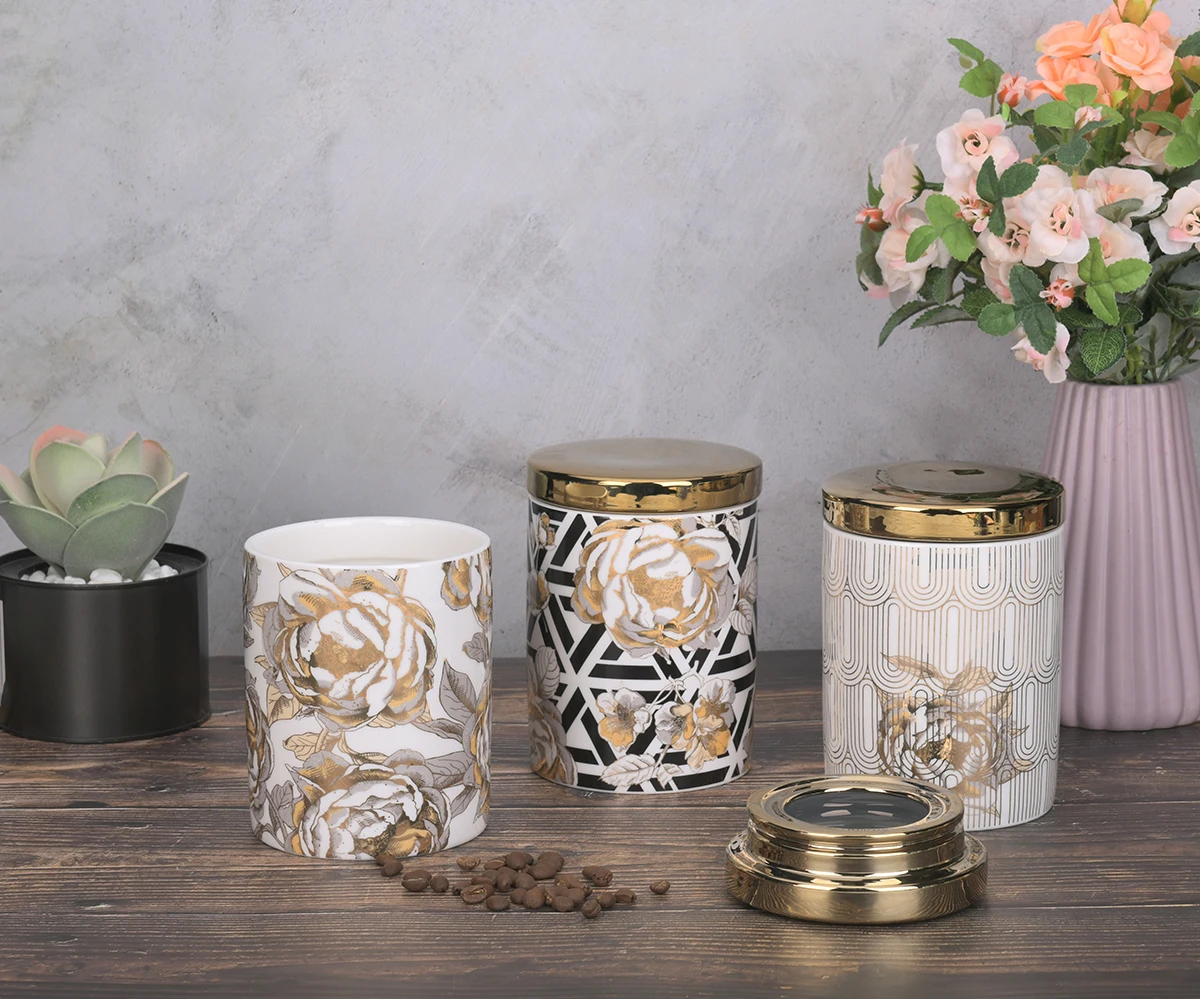 Large Golden Flower Decal Porcelain Canister Jars