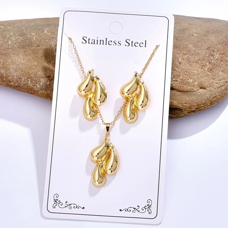 Gold Stainless Steel Irregular Pattern Pendant Necklace Earrings ...