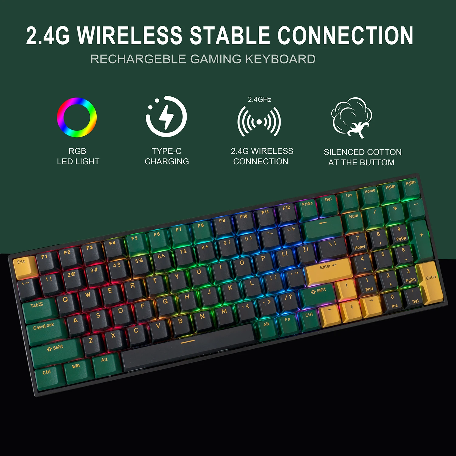96key Black And Green Bluetooth Wireless Three -mode Mechanical ...