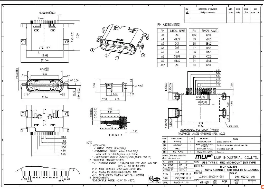 Mup-u20401 16pin Single-row Smt Type Usb 3.1 Female Usb Type C Socket Connector Through Tid ...