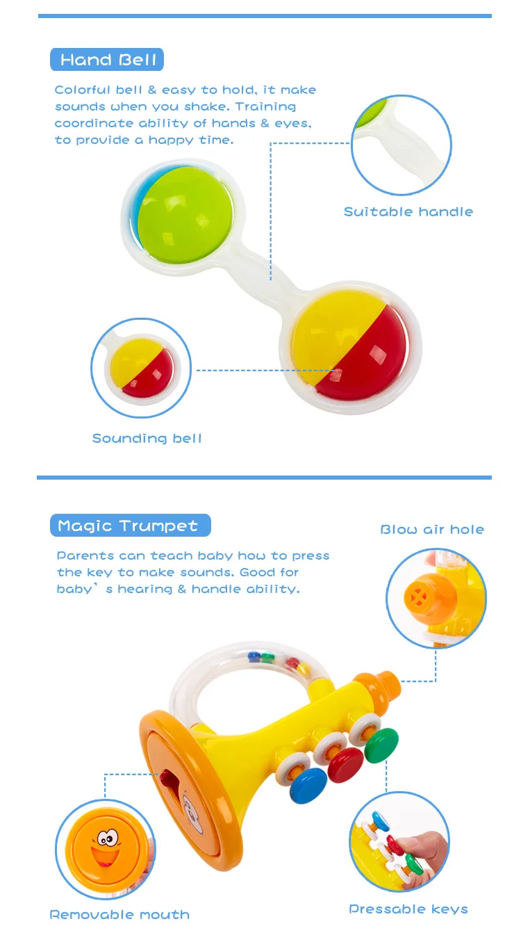 Funny Cute Shaking Hand Bells Set Infant Toy Teething Rattles for Baby