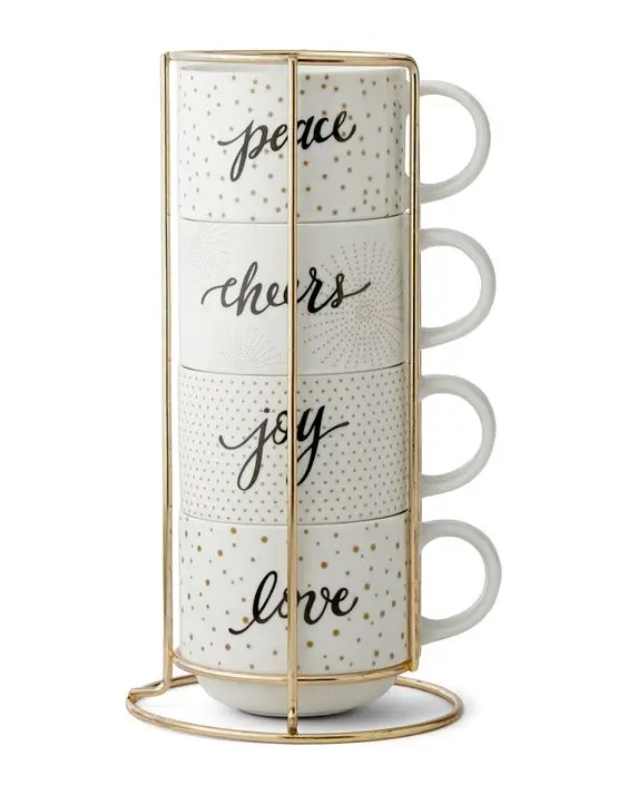 Stackable Gold Mugs Set with Wire Rack - High Quality