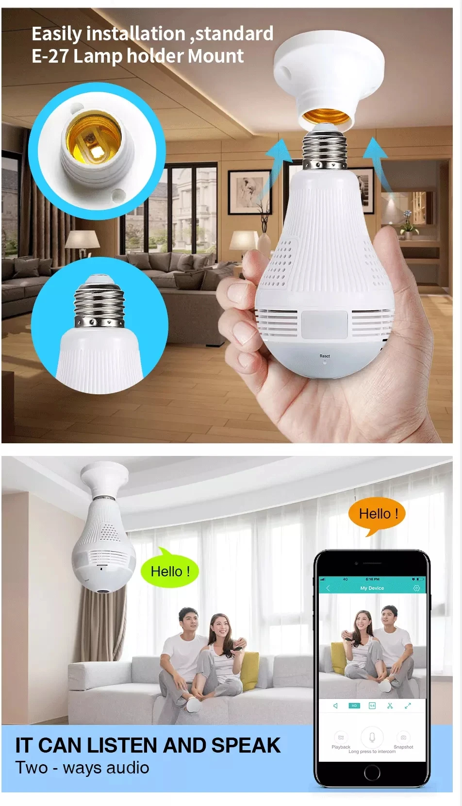 2019 Newly 960p Hidden Camera Light Bulb 360 Degree Fisheye Smart Wifi ...