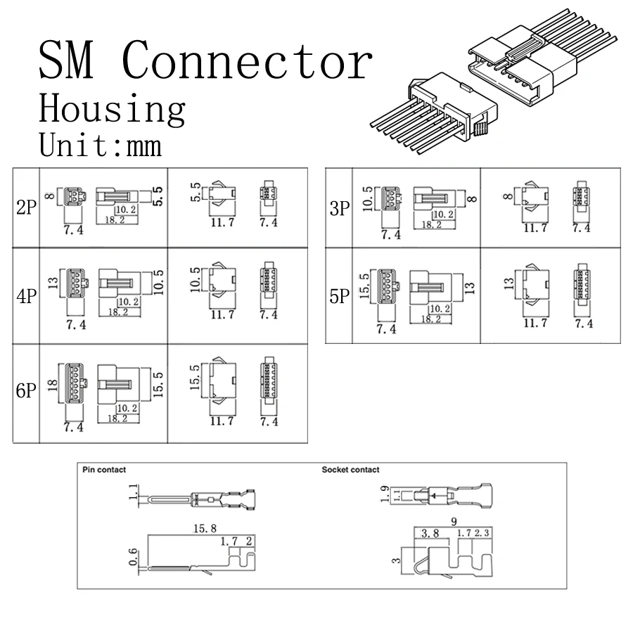 JST SM Wire Connector Plug Housing Metal Terminal Pin JST SM2.54 Pitch 2.54mm 2/3/4/5/6/7/8Pin ...