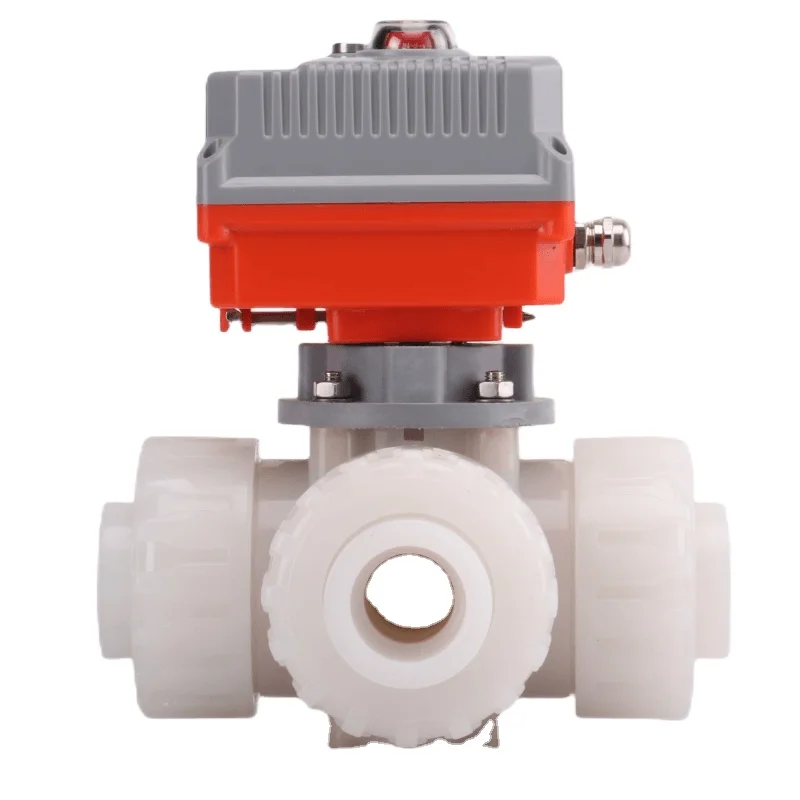 24VDC PVDF Electric Actuated 3-Way Ball Valve True Union Socket Welding ...