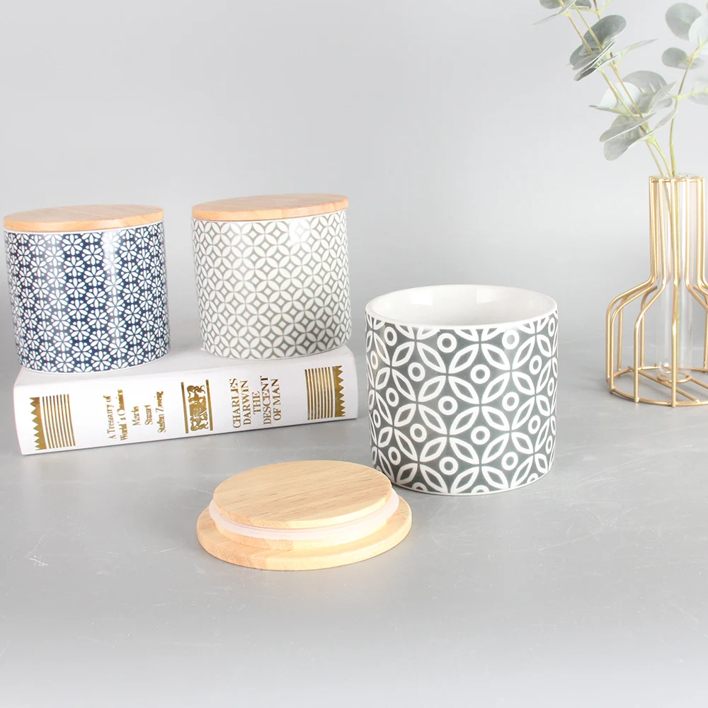 C039 Elegant Ceramic Salt Jar Kitchen Canister Sets With Wooden Lid ...