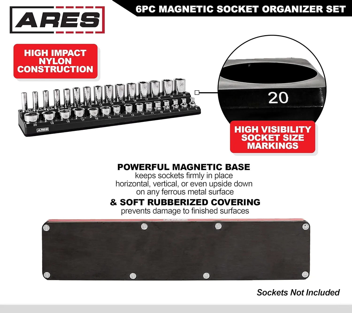 6-Piece Set SAE Magnetic Socket Organizers Red - Includes 1/4 Inch 3/8 ...