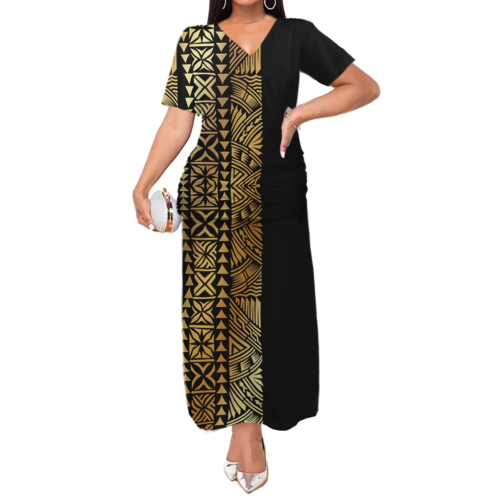 Tapa Flower Design Maroon Golden V Neck Puletasi Samoa Ptaha Top and ...