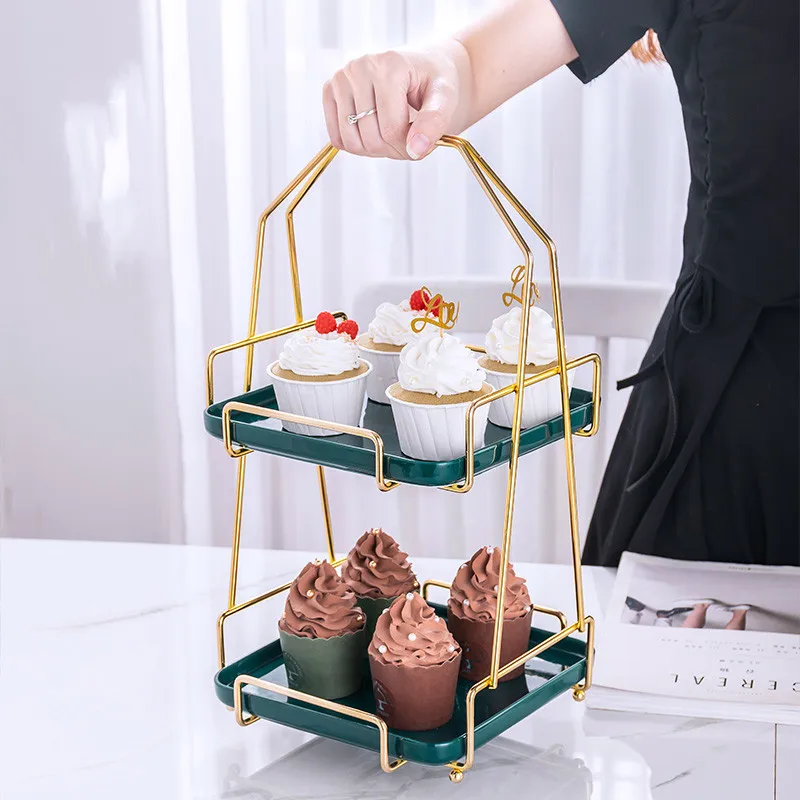 European Style Double Layer Square Cake Stand Rectangular Plate Dessert ...