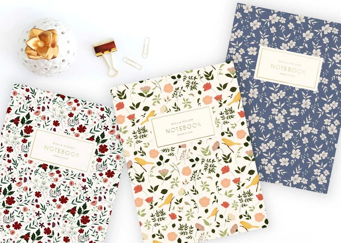 Custom A5 Navy Blue Kraft Paper Notebook with Floral Design