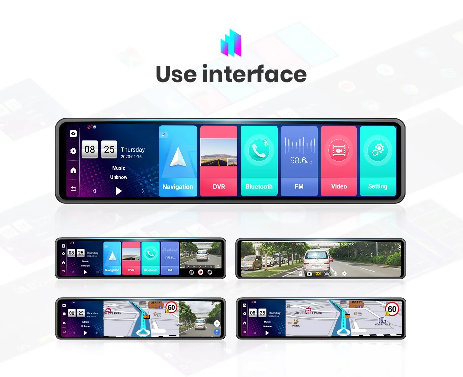 2020 New 12 Inch Android 8.1 Triple Screen Mirror Camera 1080p Dual ...