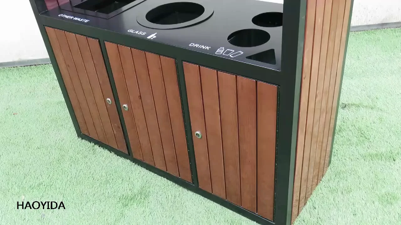 Hot Design Metal Wooden Outdoor Trash Recycle Bin 3 Compartments - Buy ...