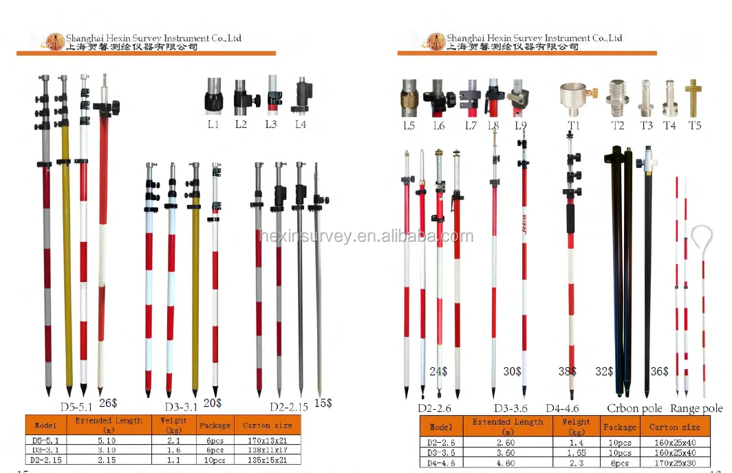 High Quality Telescopic Pole Land Survey GPS Trimble Pole Prism Pole 3 ...