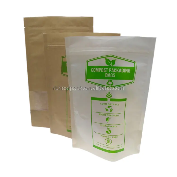 Compostable Resealable Plastic Pouch - Biodegradable Kraft Paper Zipper Bag
