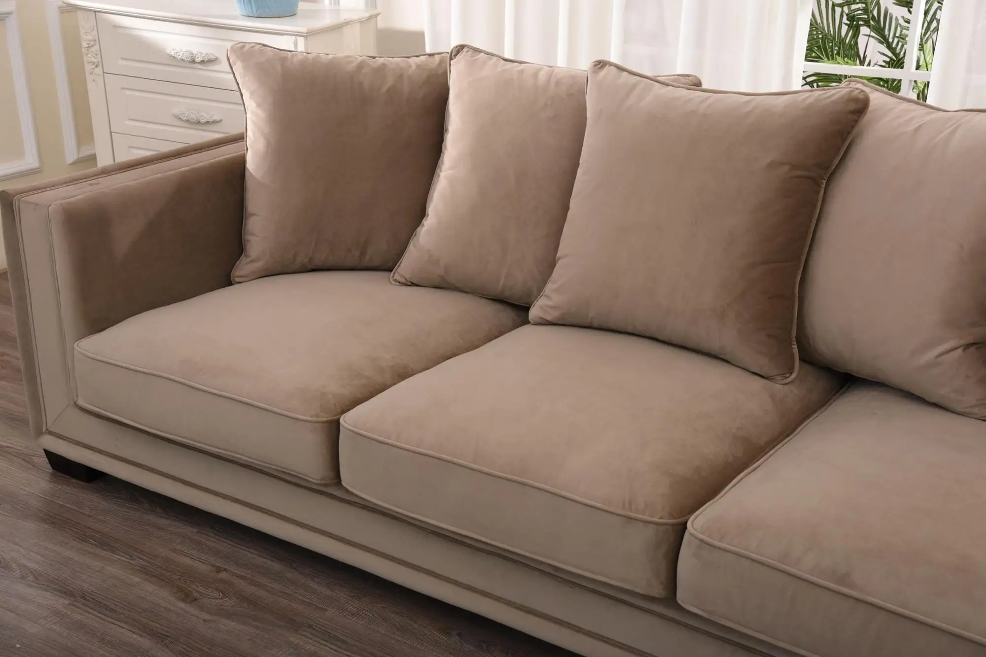 Home Coffee Color Fabric 3 Seat Designer Contemporary Salon Sofa Set ...