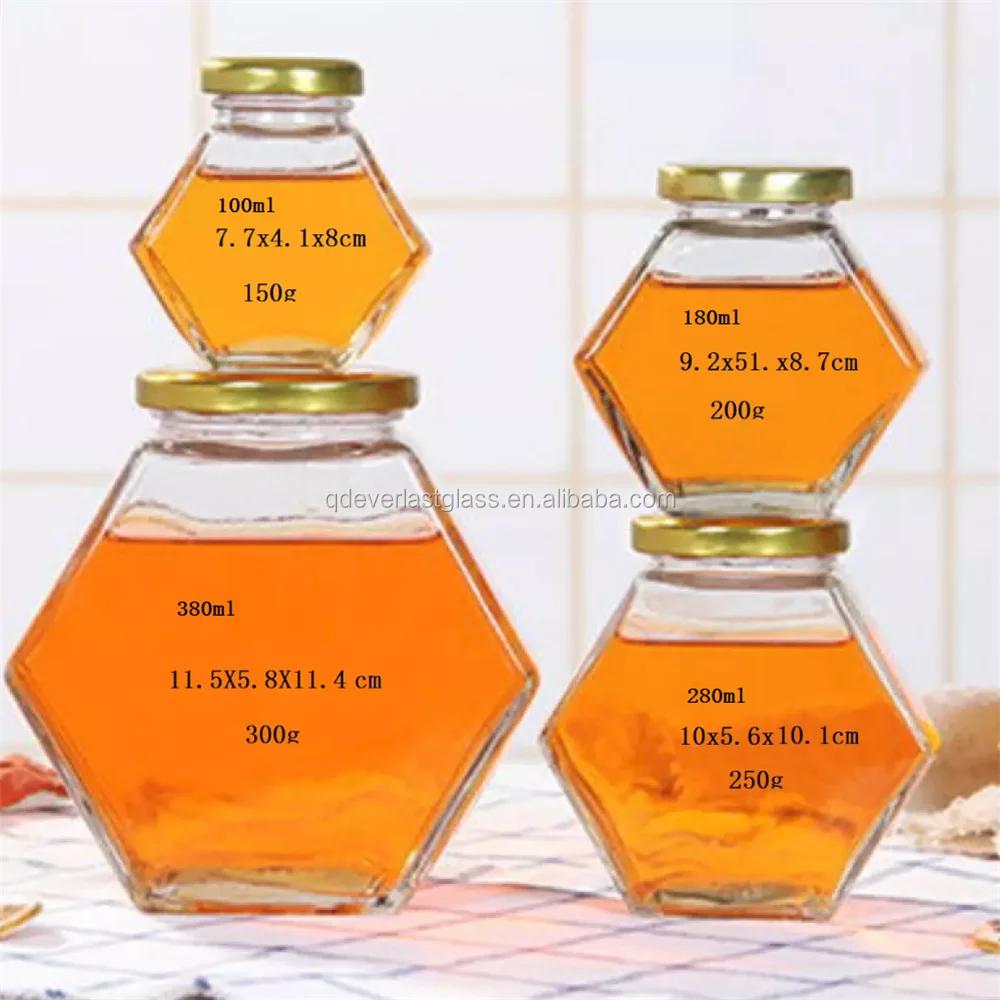 4 oz 8 oz 12 oz 16oz100ml 180ml 280ml 380ml Hot Sale Hexagon Shaped Honey Glass Jar for Honey ...