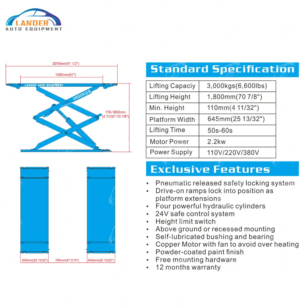 Commercial Grade 3000kgs/6600lbs on Ground Type Full Rise Scissor Lift ...