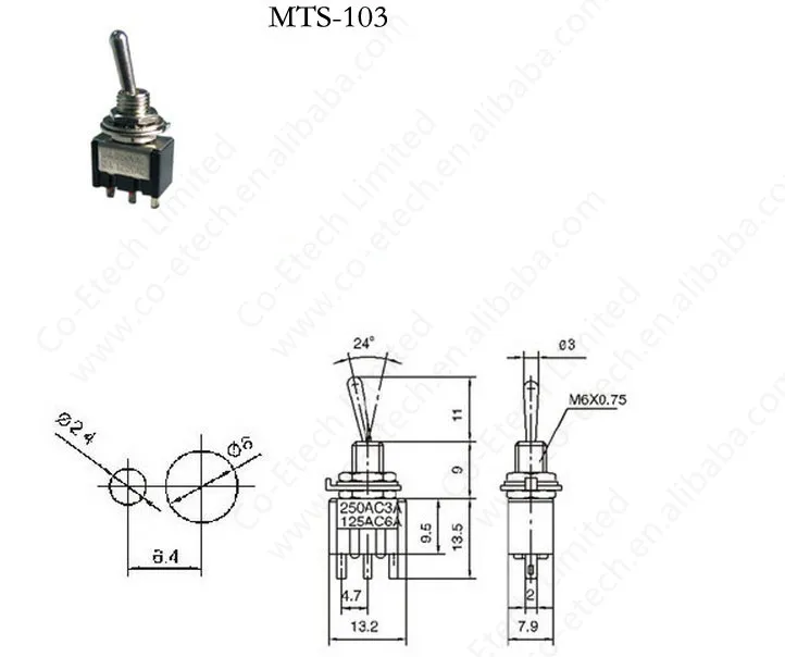 ON-OFF-ON 3 Positions Three Pin Single Rocker Switch MTS-103 Toggle ...