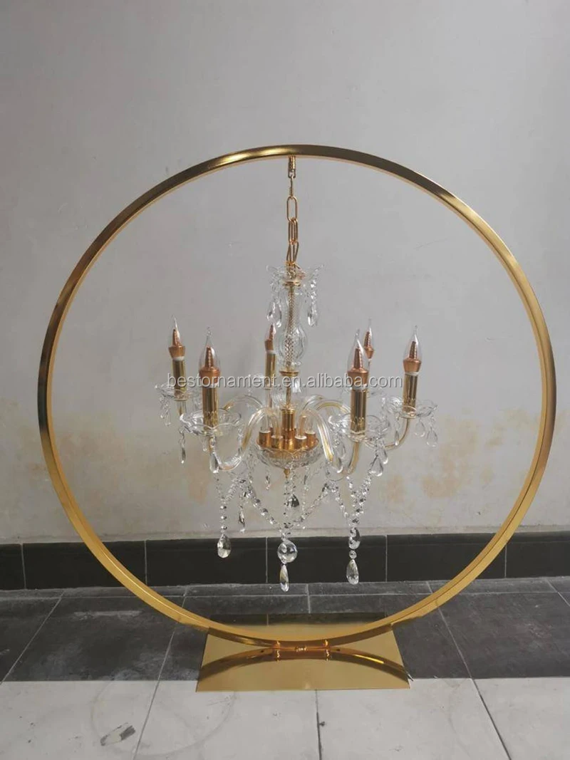 Gold Metal Wedding Hoop Centerpiece Vase Stands with Crystal Chandelier