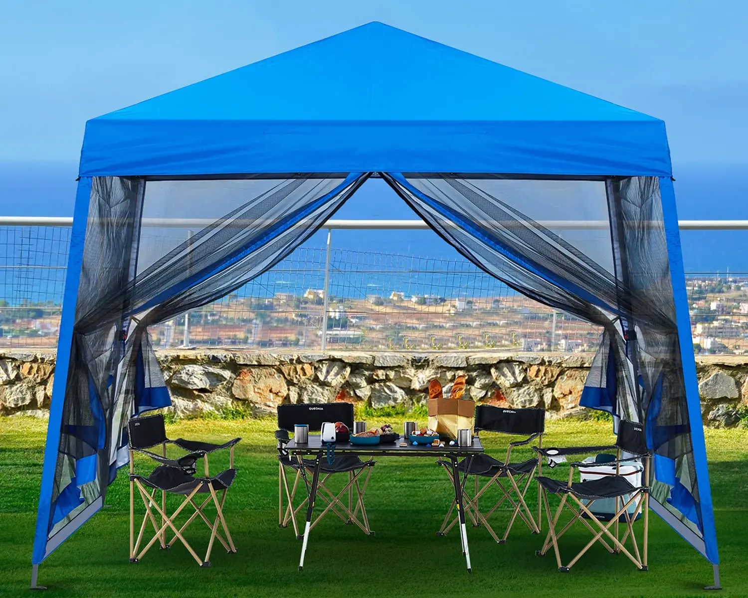 Dengdao Stable Pop Up Outdoor Awning Tent With Mesh Wall 8x8 Black ...