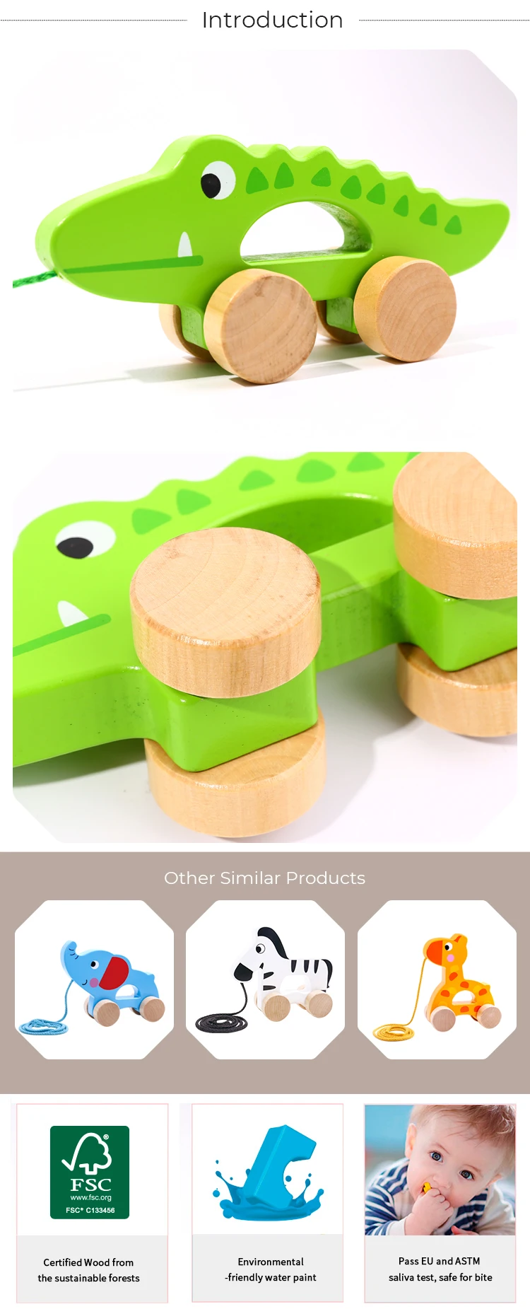 Wooden Animal Crocodile Push Pull Toy - Balance & Fun