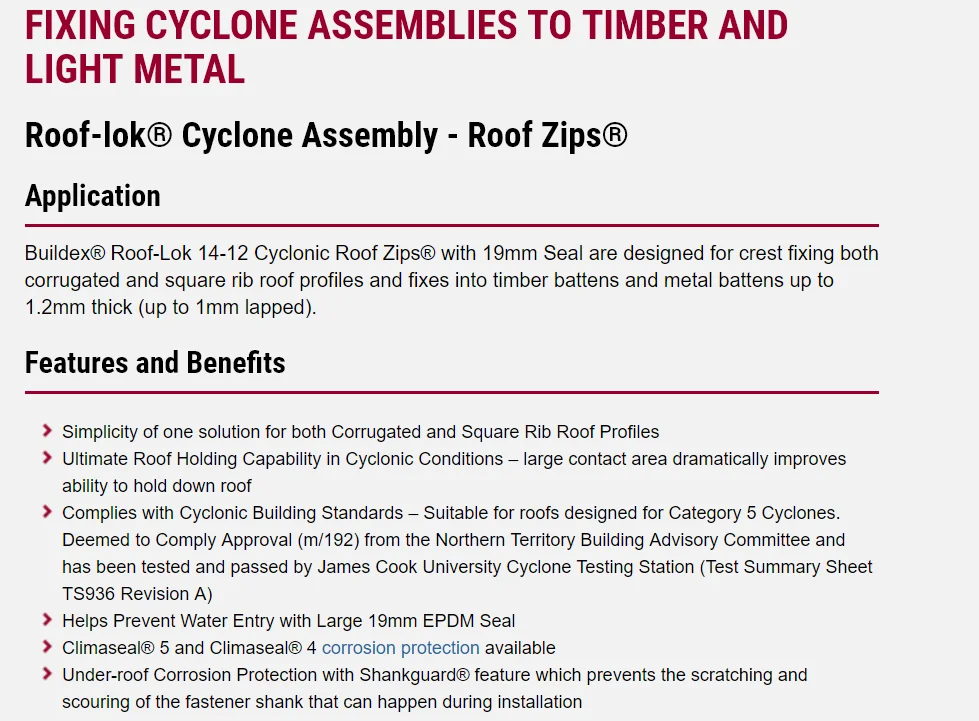 Buildex Self Drilling Self Tapping Screw - Roof-Lok Fixing