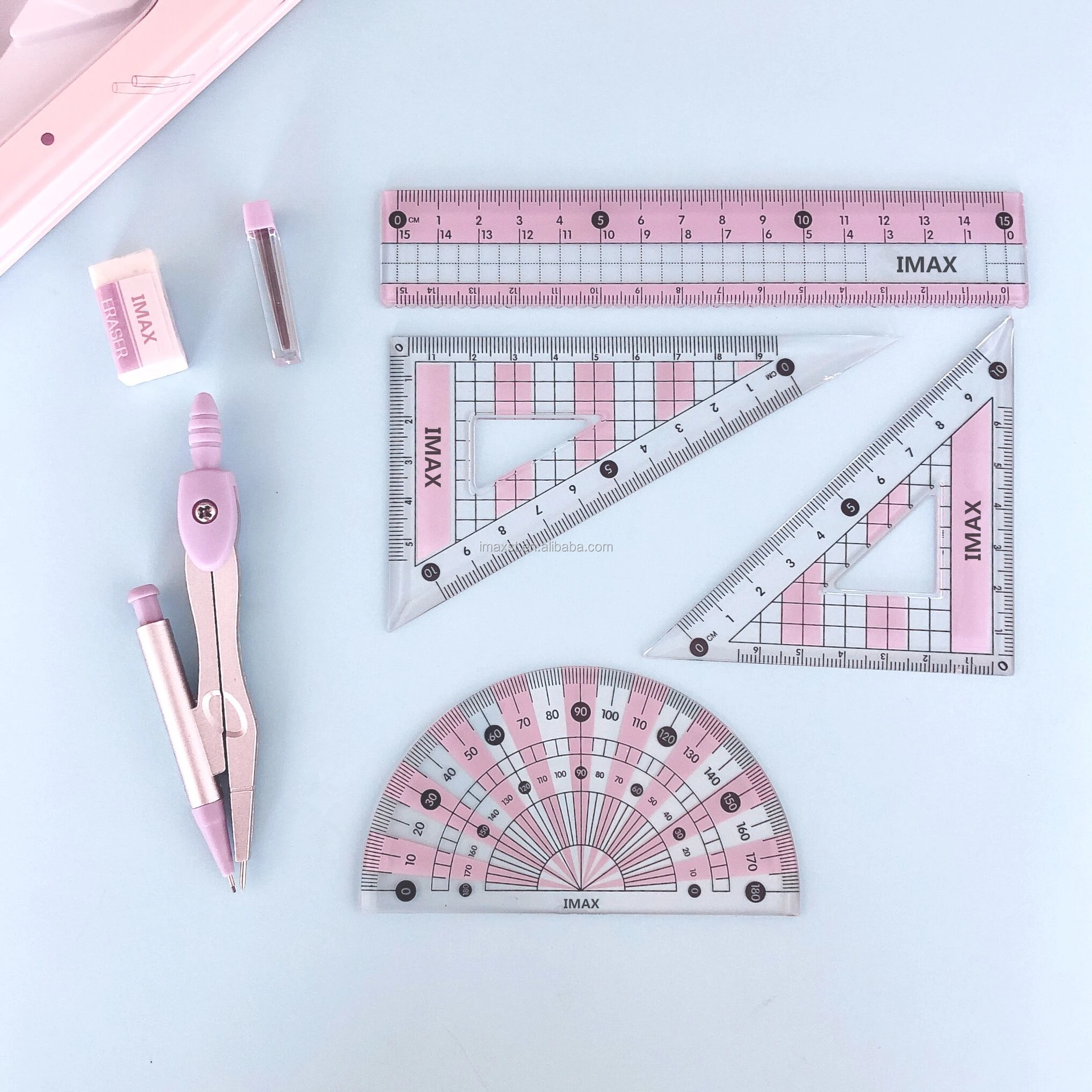 Pink Student Tin Math Set With Clean Plastic Window Geometry Box Math ...