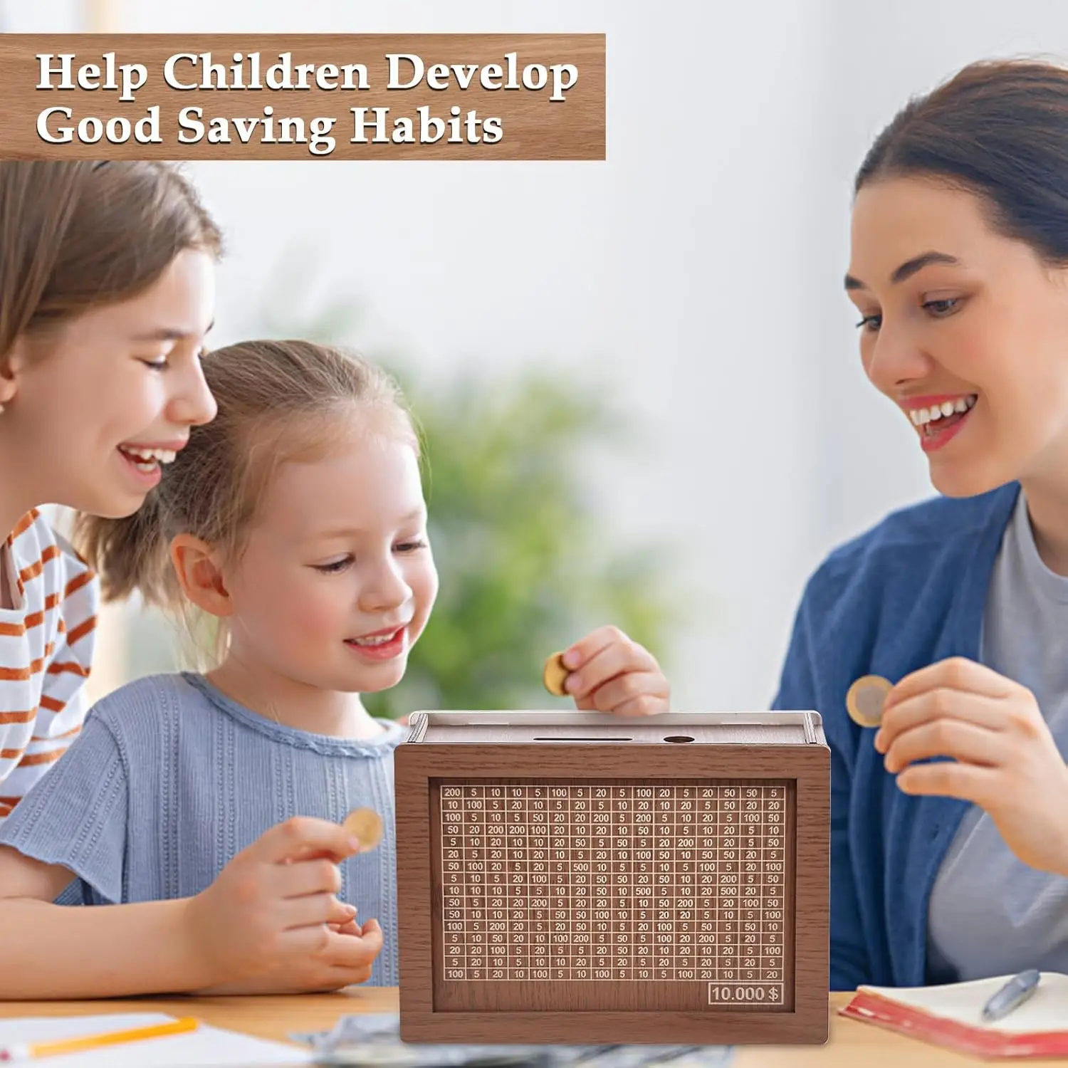Wooden Money Box - Save and Count with Fun Targets