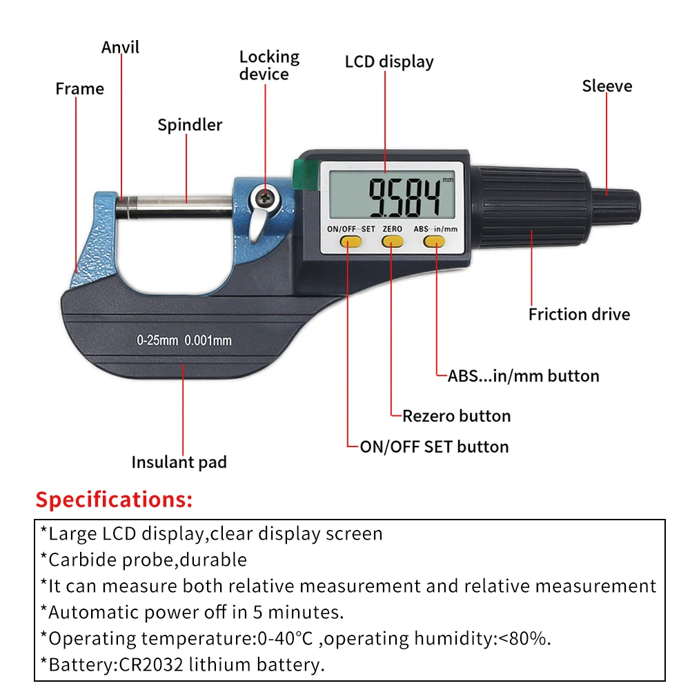 25-50mm Digital OD Electronic Micrometer with 0.001mm Resolution ...