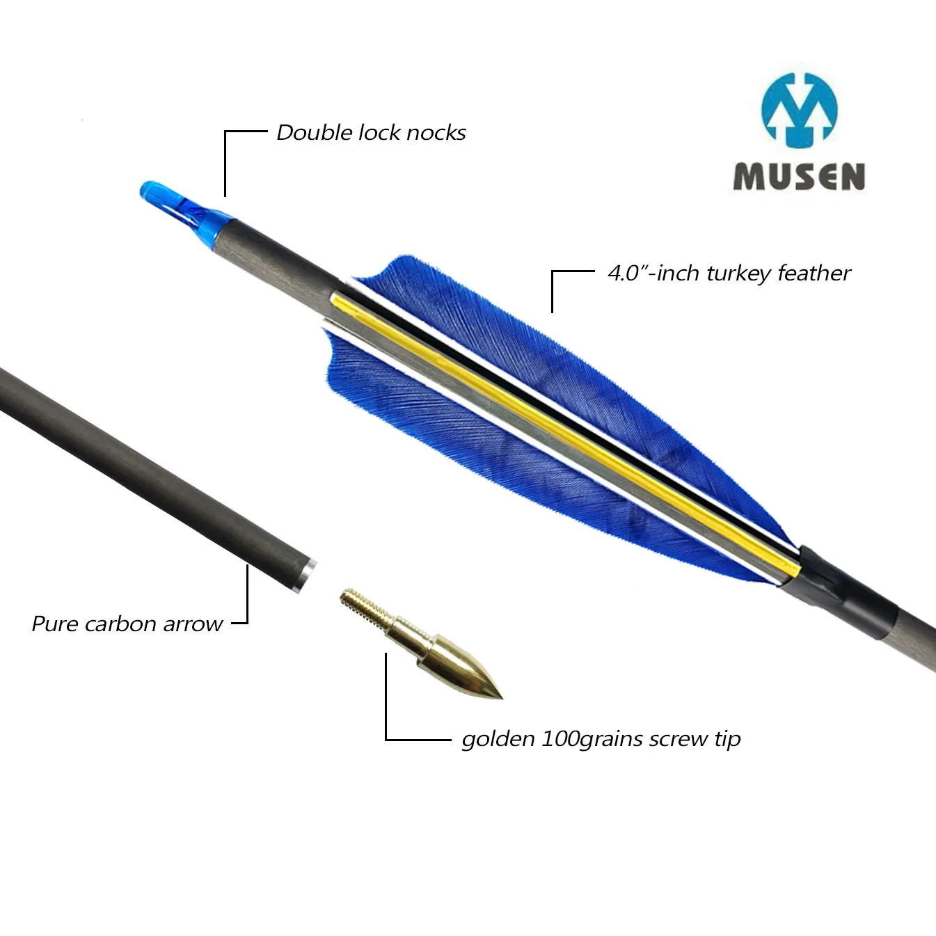 Musen Id6.2mm 31" Traditional Pure Carbon Arrows With 4" Shield Turkey ...
