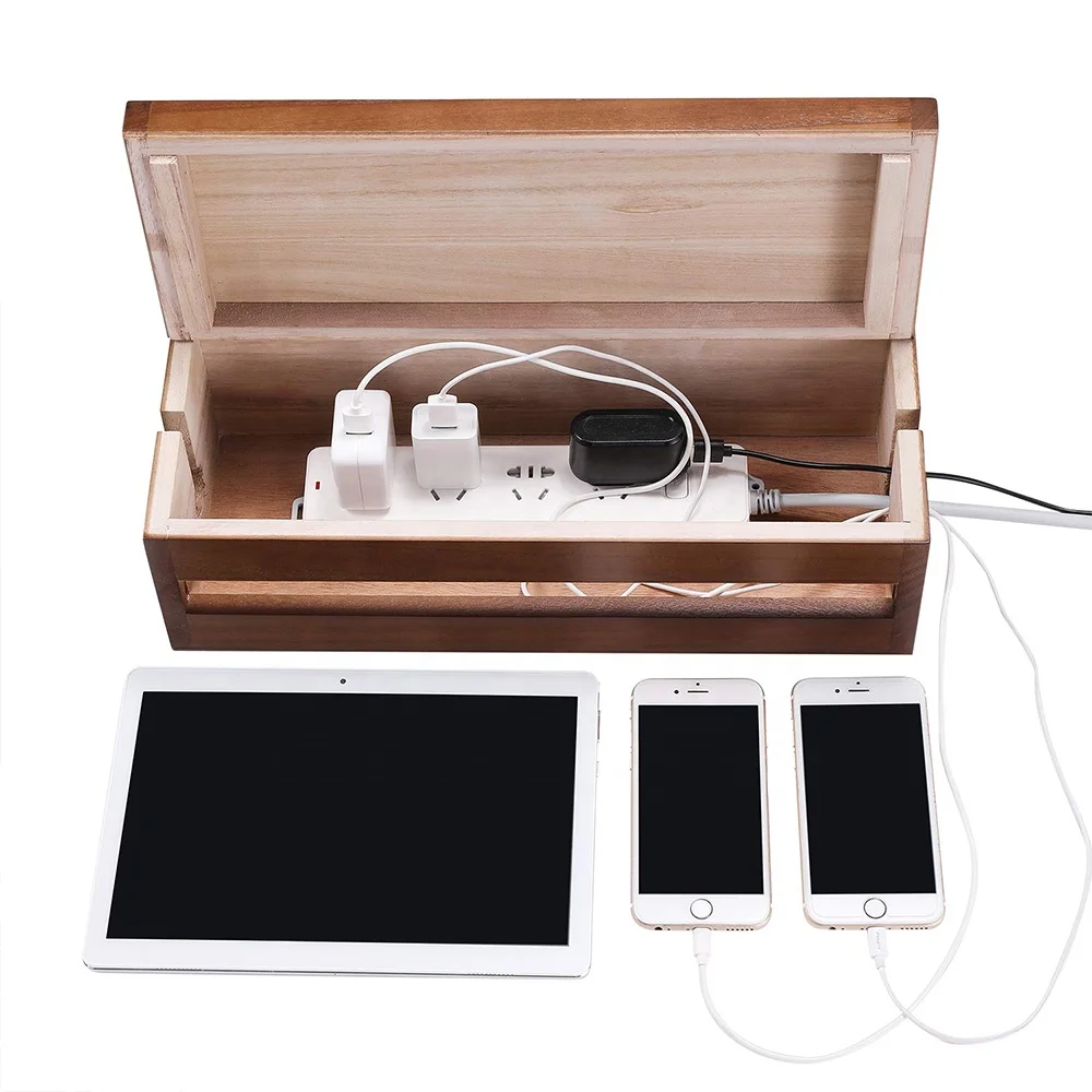 Brown Cable Management Box Wooden Cord Organizer Box For Extension Cord ...