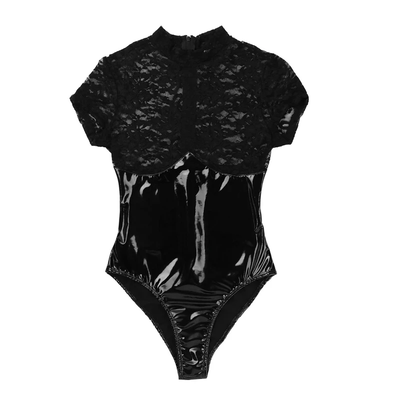 Iefiel Women Wetlook Faux Leather Lingerie Top Lace Splice Teddy